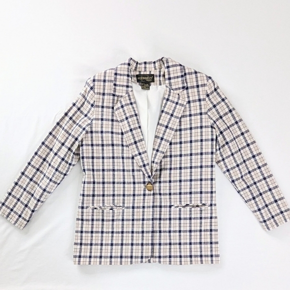 Vintage | Jackets & Coats | Vtg Cream Blue Plaid Linen Button Front ...